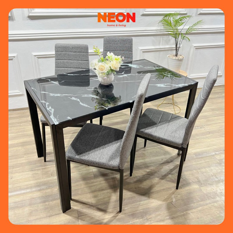 Jual NEON Meja Makan Alvian | Meja Makan Kaca 4 Kursi Rangka Besi Motif ...