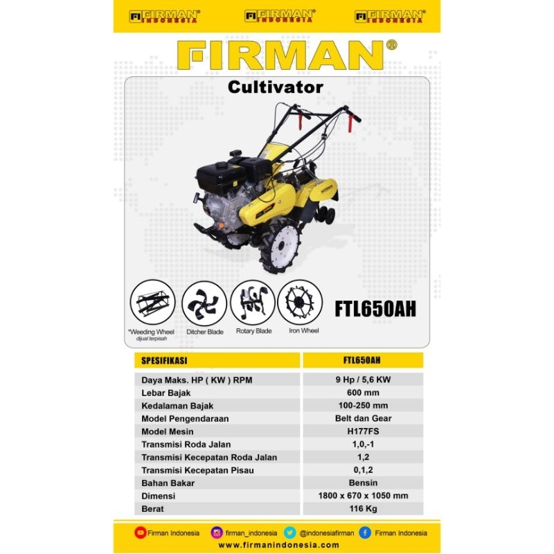 Jual Cultivator Firman FTL650AH Mesin Bajak Mini Parit Bedengan ...