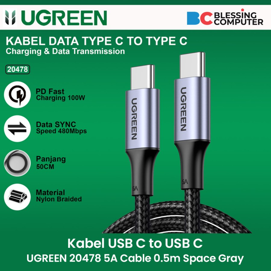Jual Kabel USB C to USB C UGREEN 20478 5A Cable 0.5m Space Gray ...