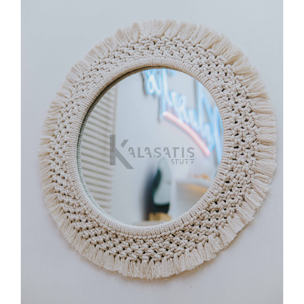 Jual cermin kaca macrame rotan ring bulat / macrame mirror diameter 35 ...