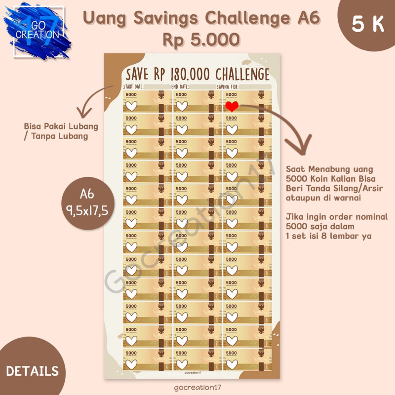 Jual KERTAS ISI BINDER A6 SAVING CHALLENGE MOTIF UANG 5k || 1 pcs/lembar | Shopee Indonesia
