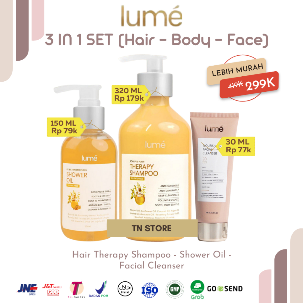 Jual LUME PAKET 3 IN 1 SHAMPOO SHOWER OIL FACIAL CLEANSER LUMECOLORS ...