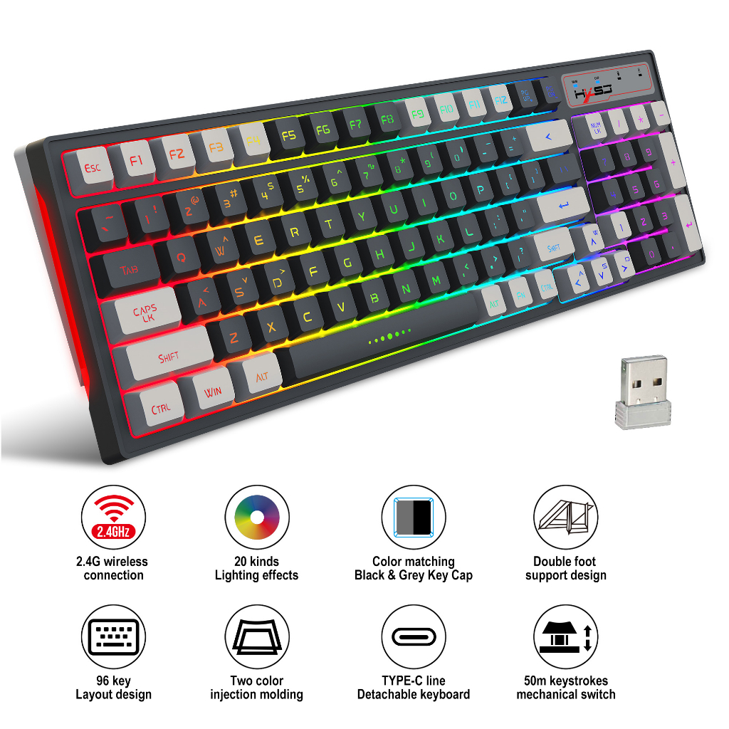 Jual HXSJ L900 GAMING KEYBOARD 96 KEY RGB LIGHTING 2.4G Wireless ...