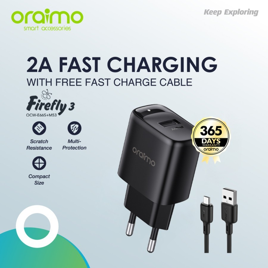 Jual Oraimo Wall Charger Fast Charging 5V 2A OCW E66S M53 With Cable ...