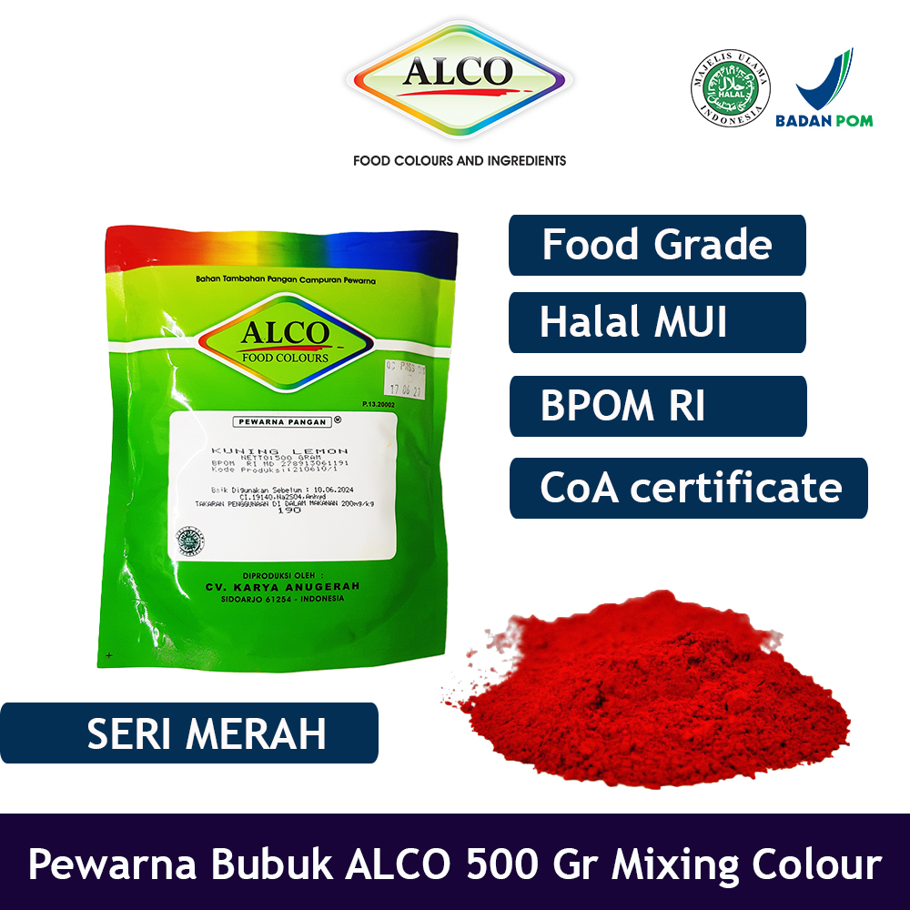 Jual Pewarna Makanan Kue Bubuk ALCO 500 gr Mixing Colour Warna Merah ...