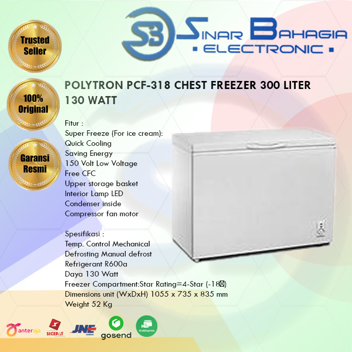 Jual POLYTRON PCF 318 CHEST FREEZER 300 LITER 130 WATT NEW KHUSUS BANDUNG Shopee Indonesia