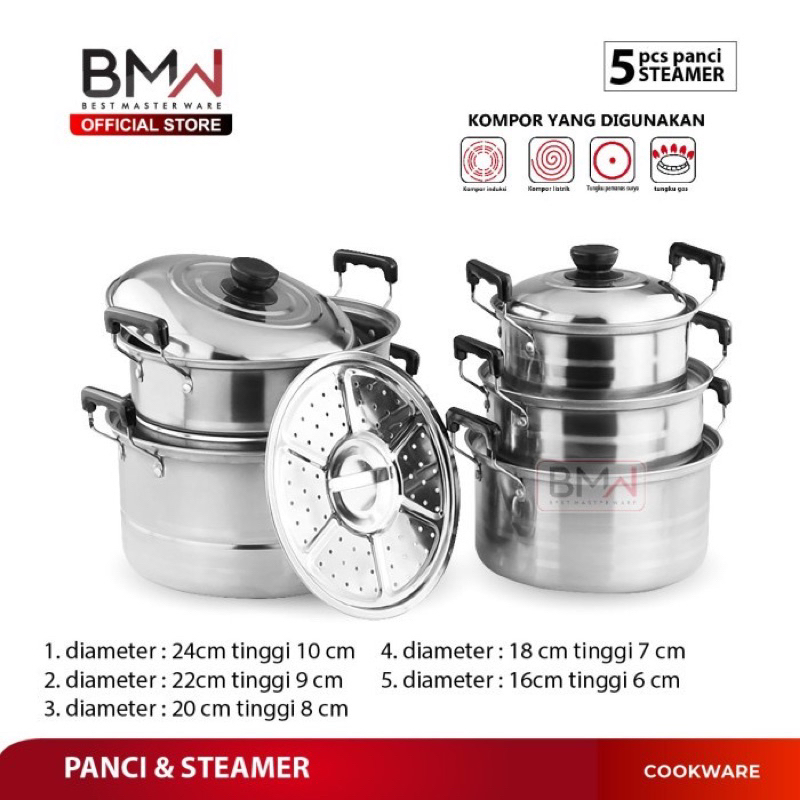 Jual Panci BMW Kitchen Ware - 1 Set 5 Pcs Panci Soup Pot Steamer ...