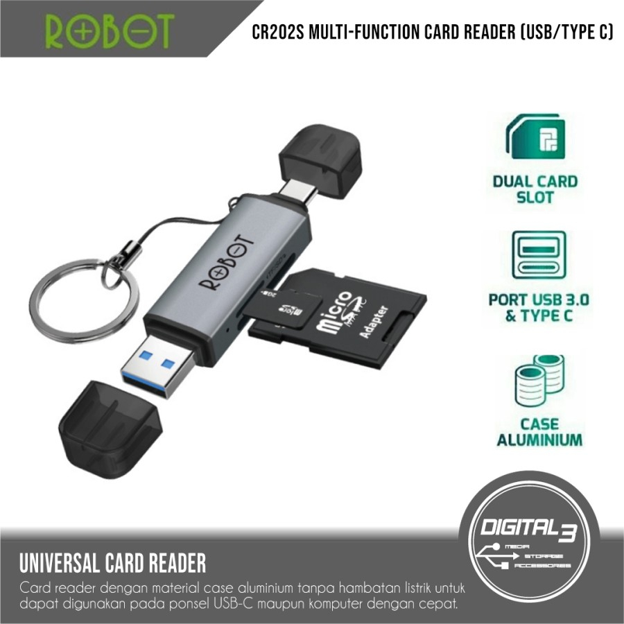 Jual Robot CR202S OTG Card Reader 2 in 1 Type C + USB 3.0 Micro SD ...