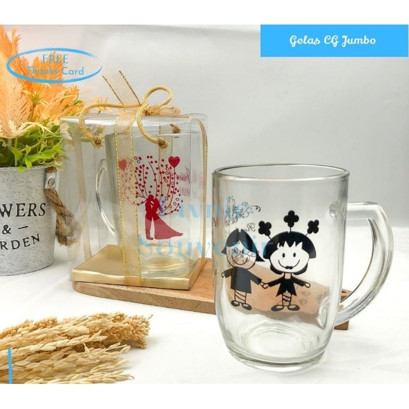 Jual souvenir pernikahan gelas kaca sablon gelas mug gagang jumbo ...