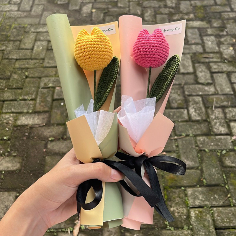 Jual [BUNGA RAJUT] TULIP RAJUT (per batang)+ FREE BUKET | Shopee Indonesia