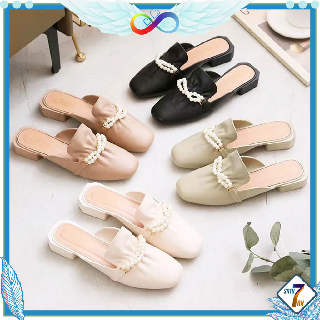Jual Sepatu Sandal Slop Flat Wanita Model Slip On Motif Mutiara Fashion Style Kasual Nyaman PVC ...
