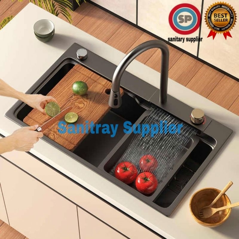 Jual KITCHEN SINK 7545 BLACK LUXURY FULL SET KRAN TARIK DAN WATERFALL ...