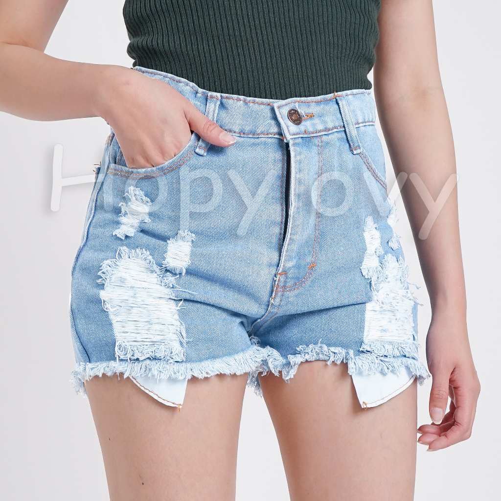 Jual HOPYLOVY Celana Pendek Jeans Wanita Sobek Hotpants Jeans Ripped Angelina | Shopee Indonesia