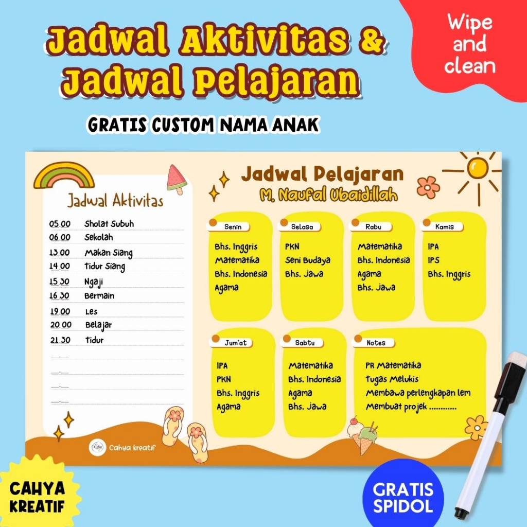 Jual Poster Jadwal Aktivitas dan Pelajaran Sekolah Anak Wipe and Clean ...