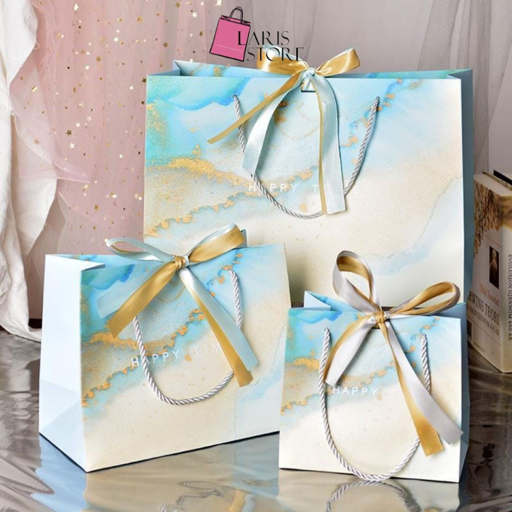 Jual PREMIUM PAPERBAG MARBLE BIRU MUDA EMAS FREE PITA MEWAH / PAPERBAG ...