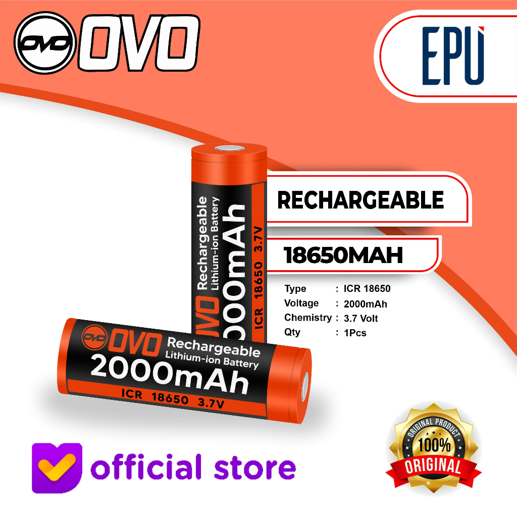 Jual Ovo Rechargeable Battery ICR 18650 Baterai Cas Baterai Vape ...
