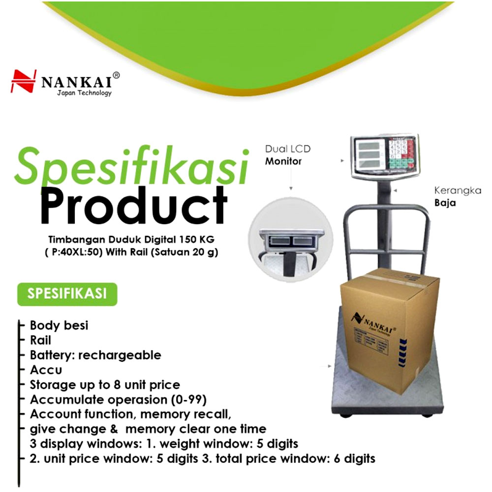 Jual Timbangan Duduk Digital Rail Nankai 150Kg / Timbangan Digital 150 Kg / Nankai 150Kg ...