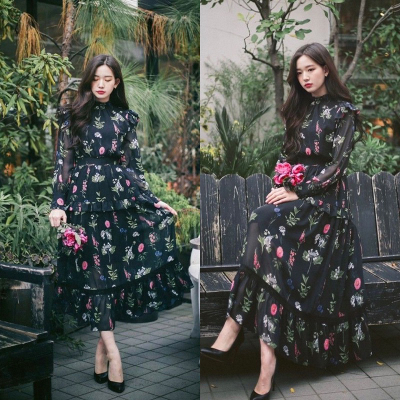 Jual D1322 WAITING KOREAN STYLE FLORAL VINTAGE MIDI MAXI DRESS BUNGA ...