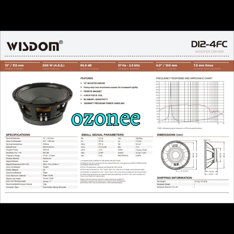 Jual SPEAKER KOMPONEN WISDOM D12 4FC ORIGINAL 12 INCH DC124FC PERPCS ...