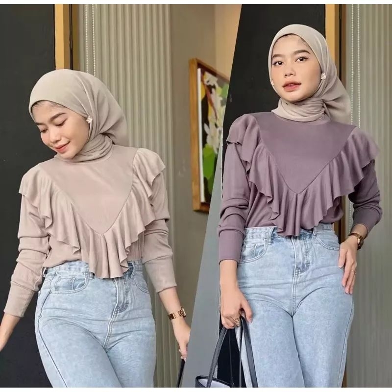 Jual Blouse Ruffle Rib Knit - Sweater Ruffle Dada - Atasan wanita ...