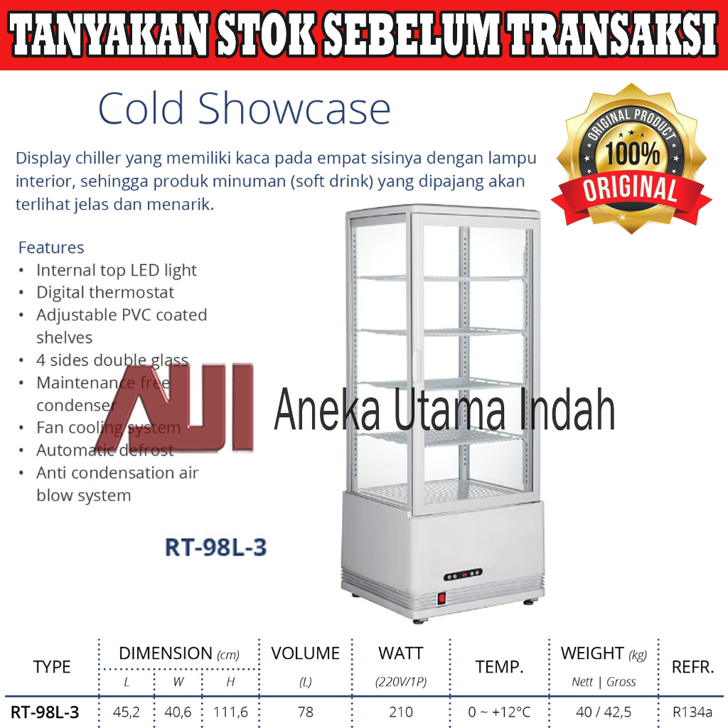 Jual Gea RT-98L-3 Cold Showcase Display Minuman Soft Drink Dengan Kaca Di Empat Sisi Dan Lampu ...