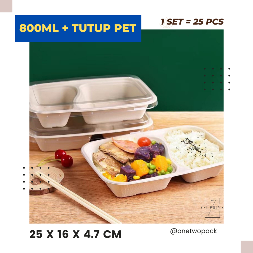Jual [25 pcs] LB800S2 Kotak Makan Bagasse 25x16cm | Lunch Bento Box 800 mL Sekat 2 Take Away ...
