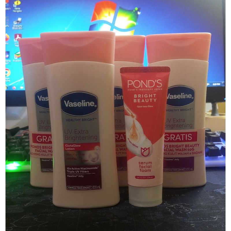 Jual Vaseline Body Lotion 200ml + Free Ponds Bright Beauty Facial Foam ...