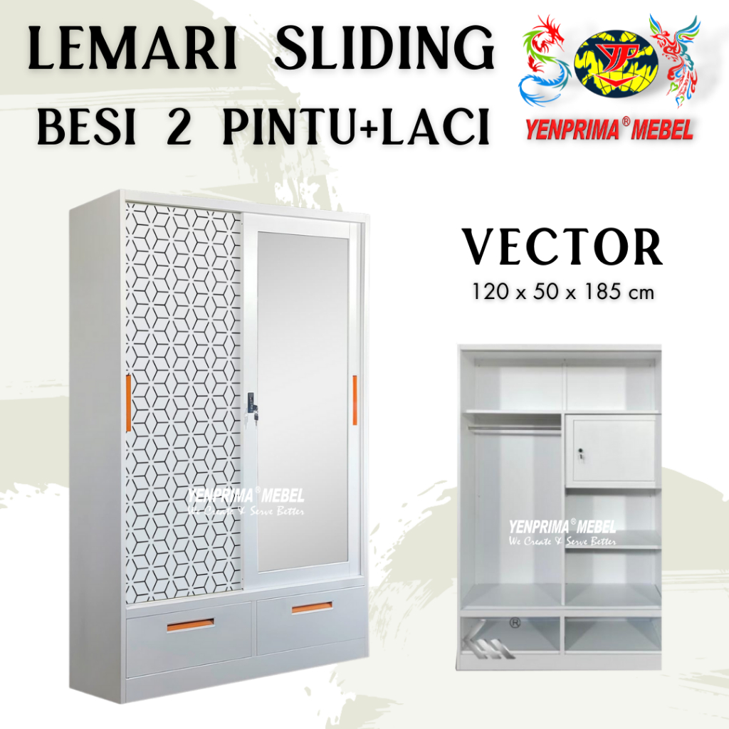 Jual Lemari Pakaian Besi Sliding Cermin + 2 Laci + Brankas VECTOR 120 ...