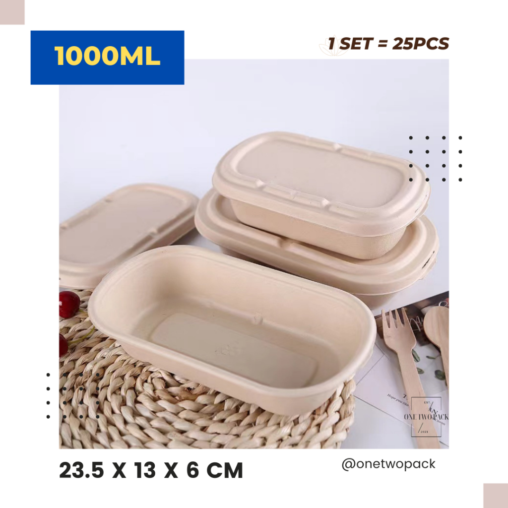 Jual [25 pcs] 1000mL Wheat Straw Bagasse Box Takeaway Lunch Box Food ...