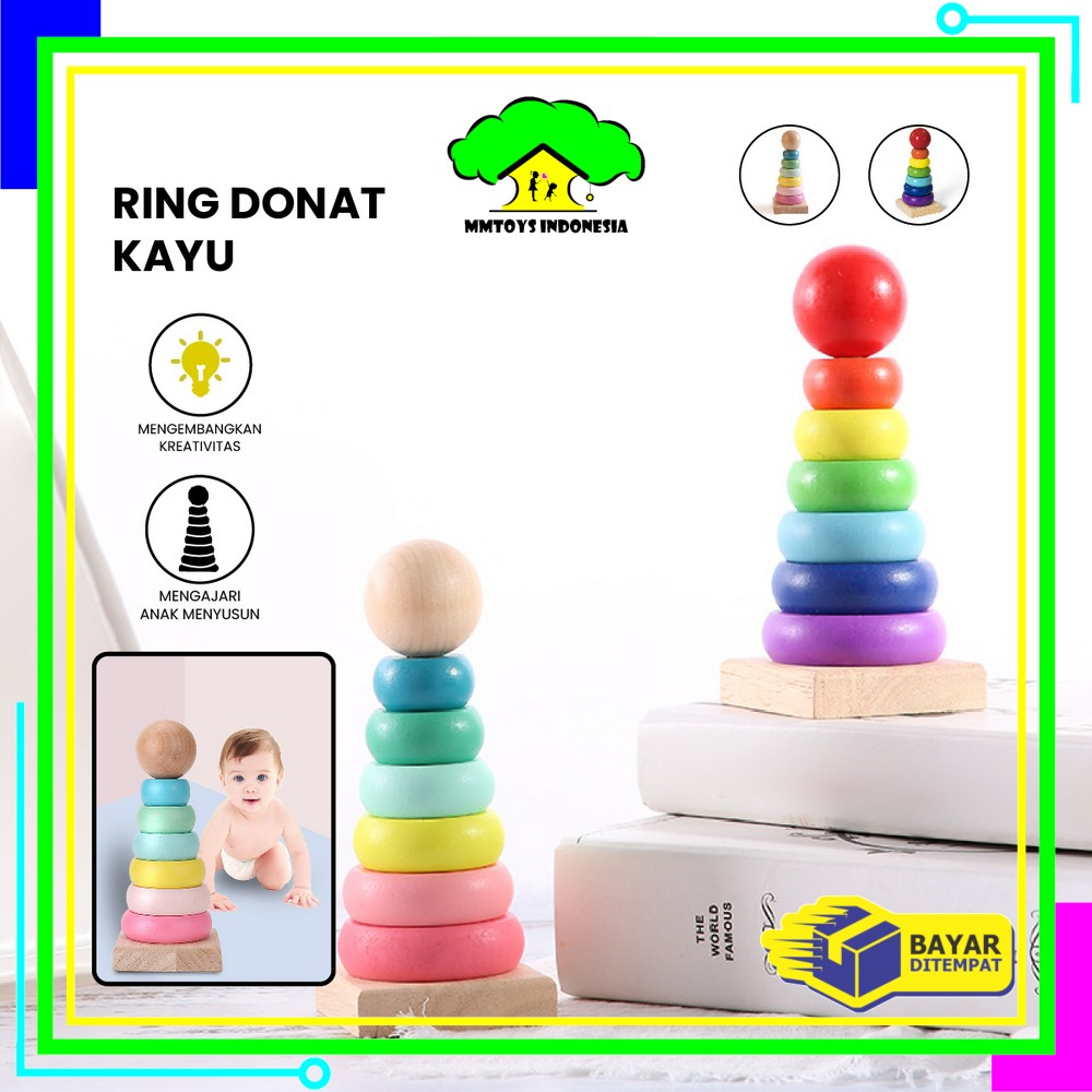 Jual MI-M329 Mainan Anak Ring Donat Kayu Susun Rainbow Unisex / Mainan ...