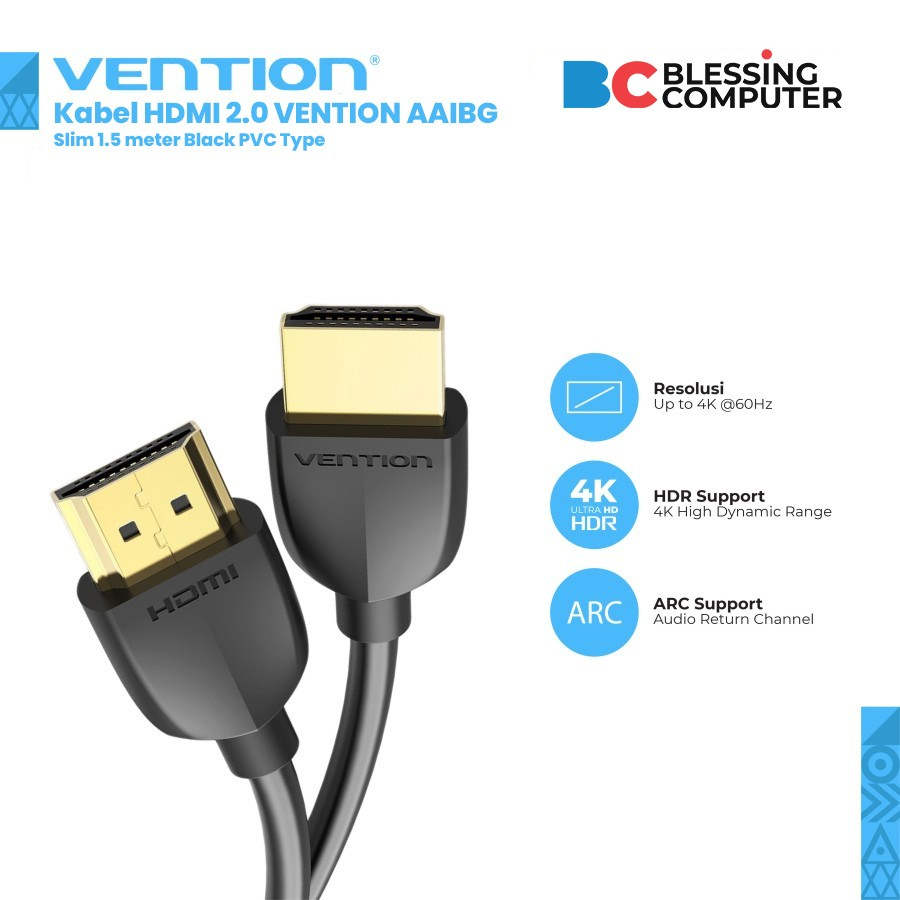 Jual Kabel HDMI 2.0 VENTION AAIBG Slim 1.5 meter Black PVC Type | Shopee Indonesia