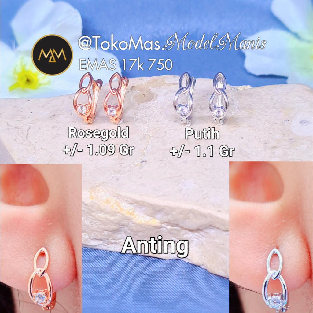 Jual Anting Jepit Double Oval Solitaire Emas Putih Rosegold 750 kadar 17k | Shopee Indonesia