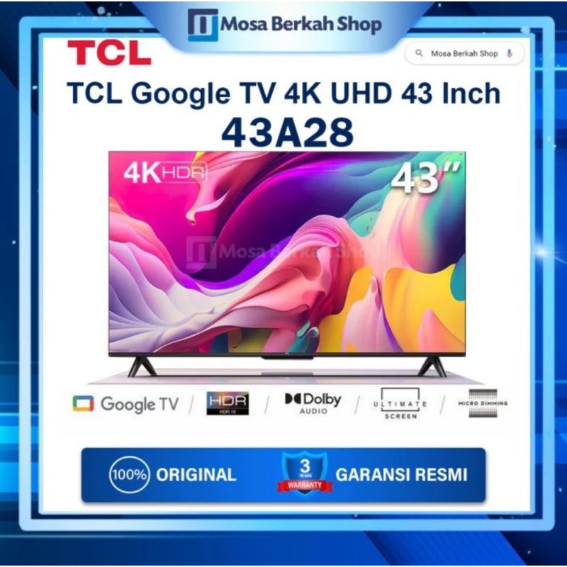 Jual TV LED 43 Inch TCL 43A28 - 43 inch Google TV - 4K UHD - Garansi ...