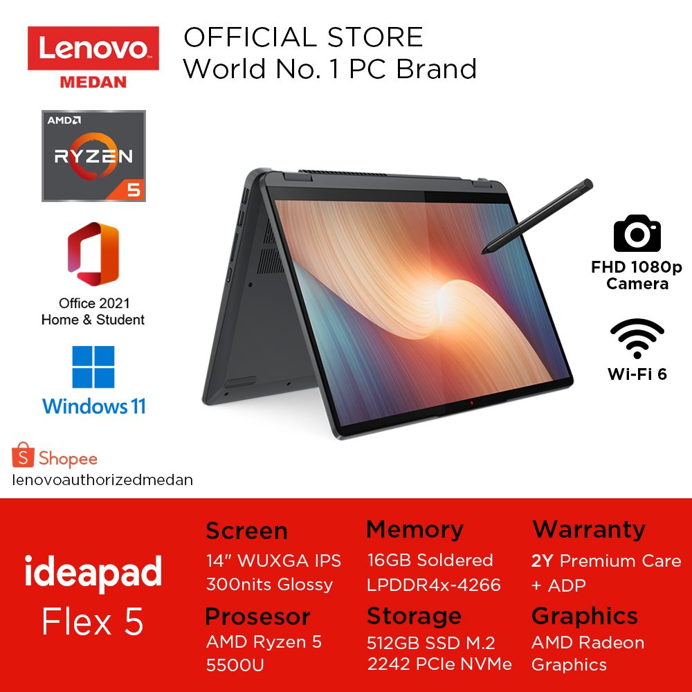 Jual LENOVO IdeaPad Flex 5 14ALC7 A9ID AAID, Amd R5-5500U/16GB/512GB/W11HSL+OHS/2Y+ADP/14” WUXGA ...