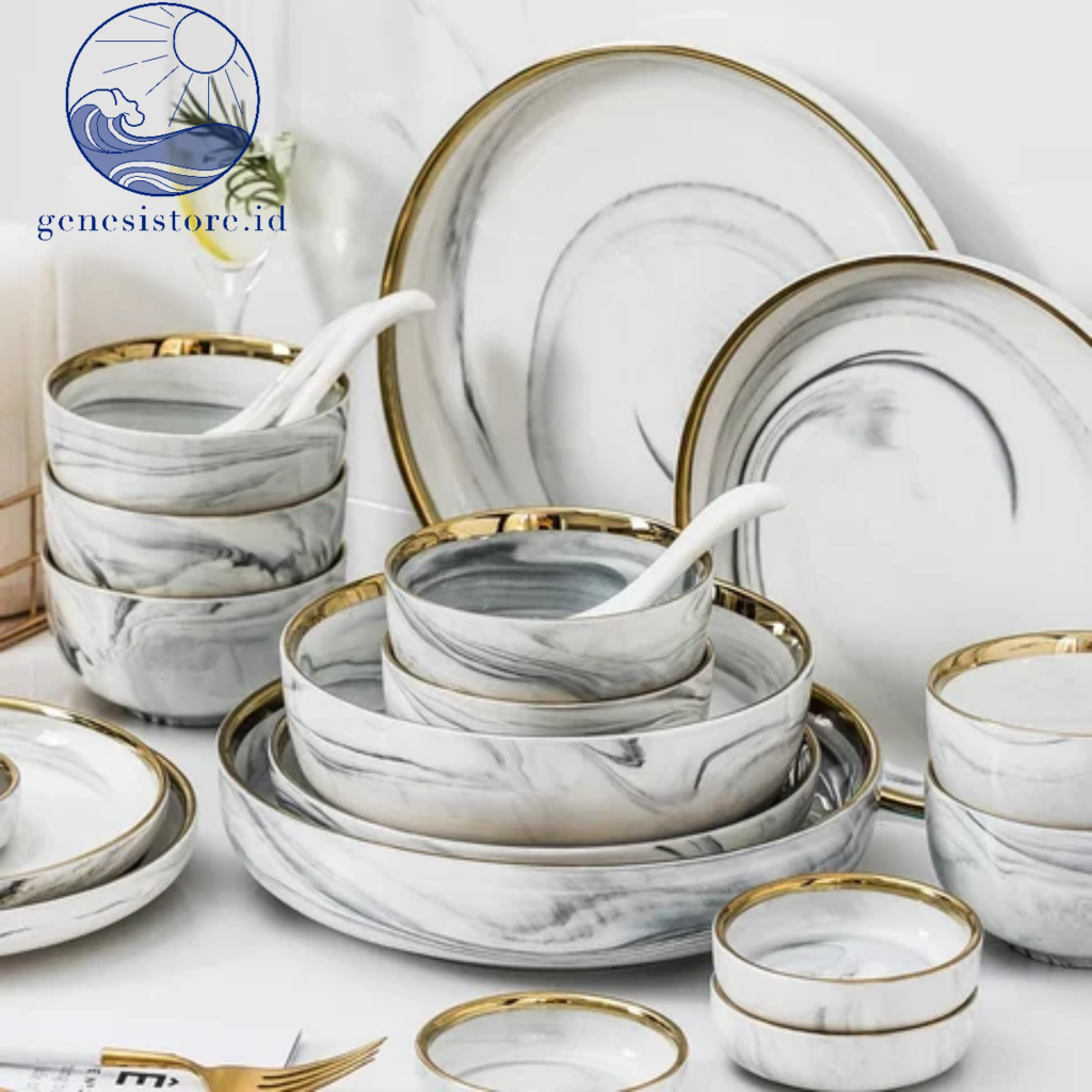 Jual GENESISTORE PIRING MAKAN MARBLE ABU ABU LIST GOLD piring rim gold ...