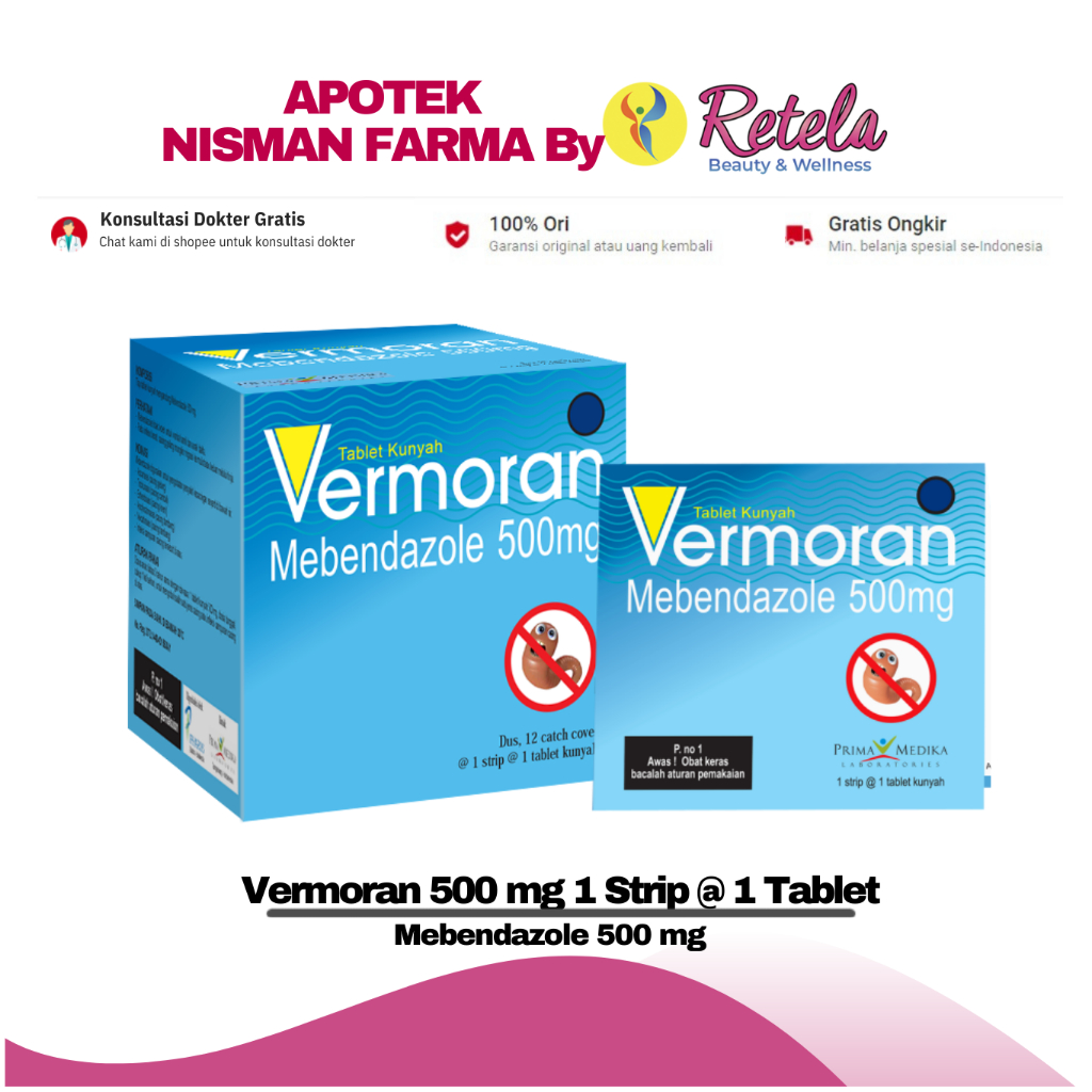 Jual VERMORAN MEBENDAZOLE 500MG 1 STRIP ISI 1 TABLET / OBAT CACING ...