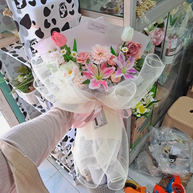 Jual Buket Bunga Artificial Tulip mix Lily Rose Glitter Polynet Size M ...