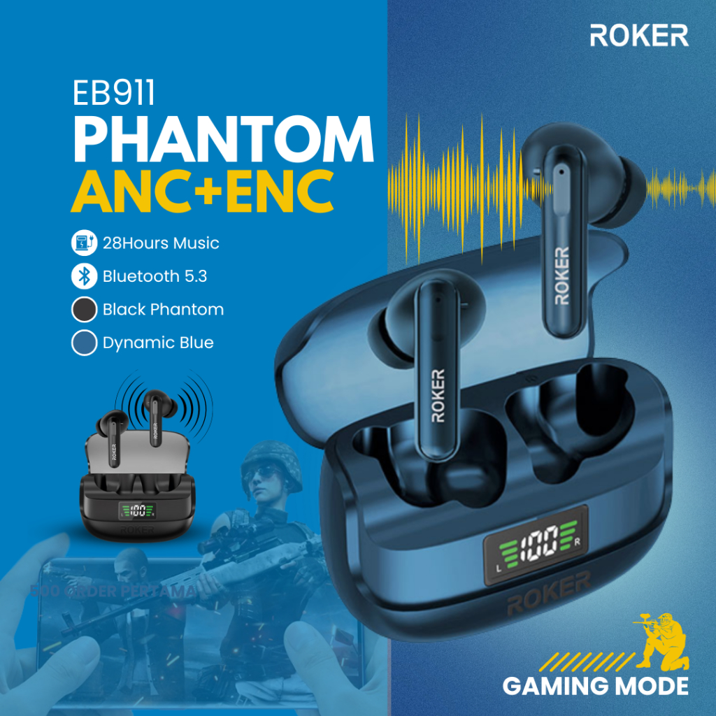 Jual Tws Roker Phantom ANC+ENC Wireles bluetooth dual Noise Reduction ...