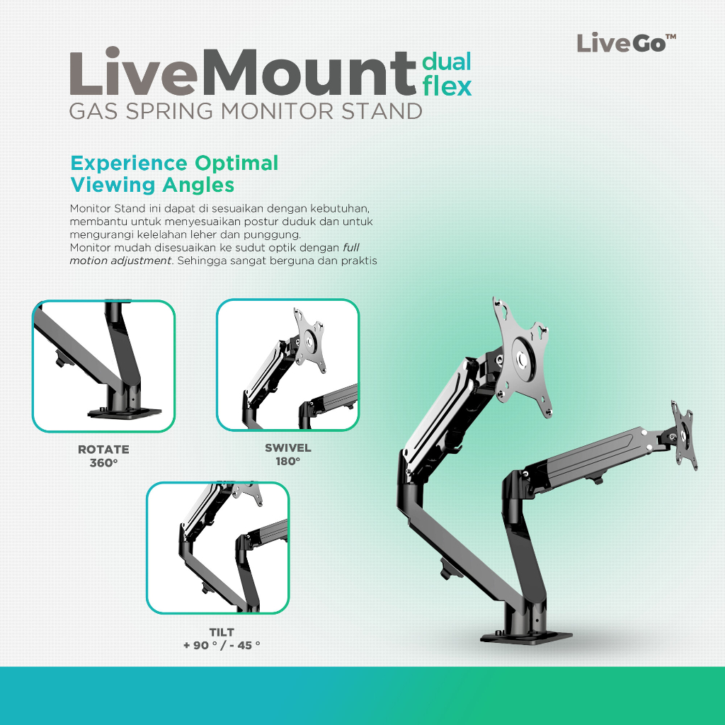 Jual LiveMount Dual Flex Bracket Monitor TV Desk Mount Braket Gas ...