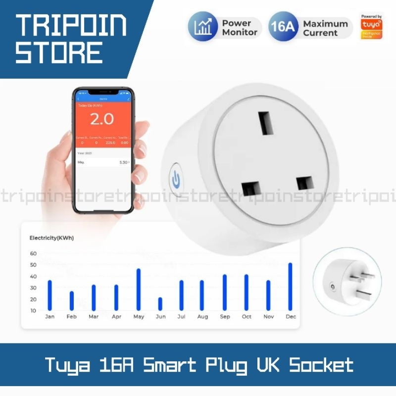 Jual Tuya WIFI Smart Plug UK 16A Steker AC Colokan Kaki 3 Power Energy ...