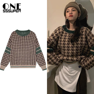 Jual Sweater Rajut Wanita Kotak-Kotak Jahitan Warna Kontras Knitwear Lengan Panjang Crewneck ...