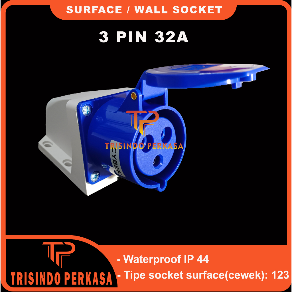 Jual Surface Mounting Industrial Wall Socket 3P / 3 Pin 3Pin 32A 32 Ampere 123 IP44 3Kaki 3 Kaki ...