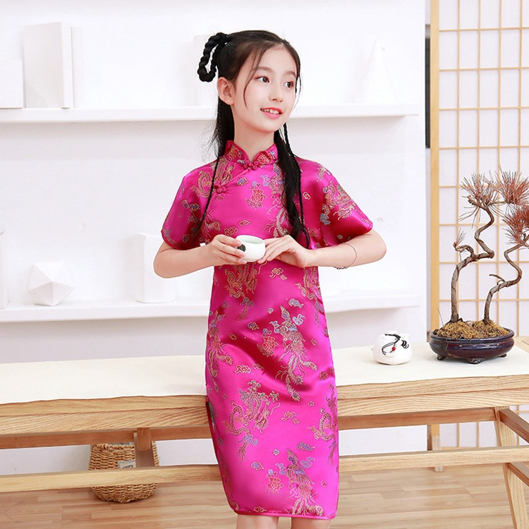 Jual cheongsam anak perempuan motif gambar naga dan phoenix pakaian ...