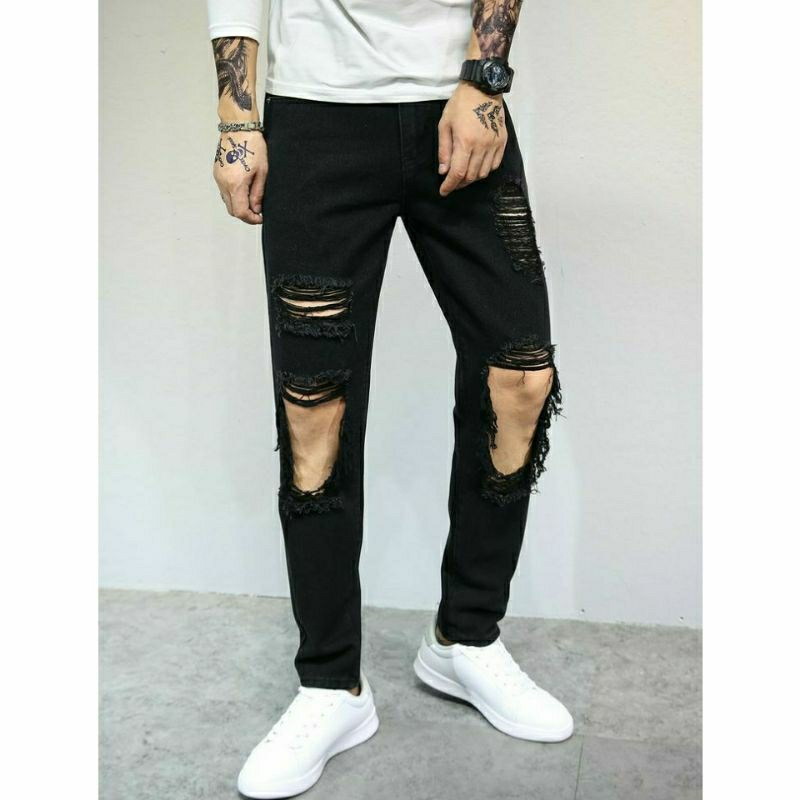 Jual CELANA SOBEK PRIA RIPPED JEANS ROBEK HITAM STANDAR REGULER BASIC ...