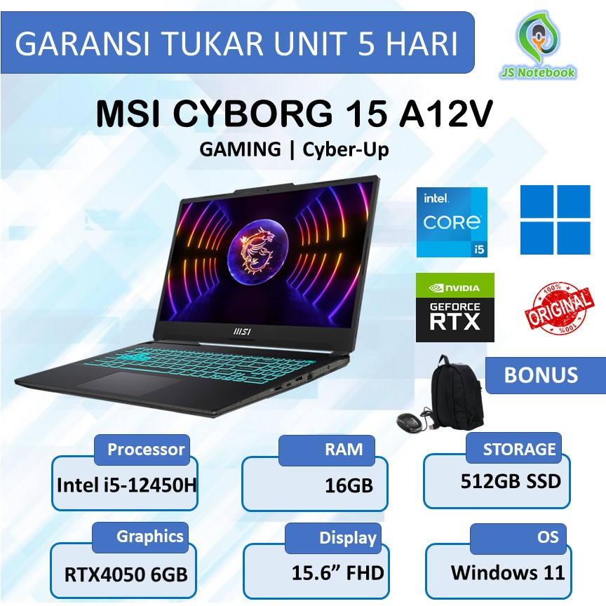 Jual MSI CYBORG 15 A12V RTX4050 6GB i5-12450H 16GB 512SSD WIN11 15.6 ...