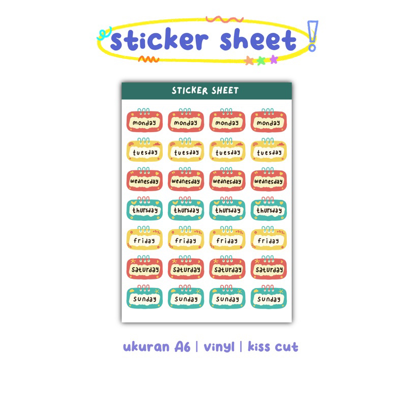 Jual sticker sheet hari/ planner sticker/ days name/ sticker day/ nama ...