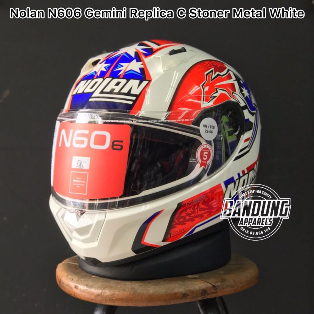 Jual Helm Full Face Nolan N606 Gemini Replica C Stoner Metal White #050 | Shopee Indonesia