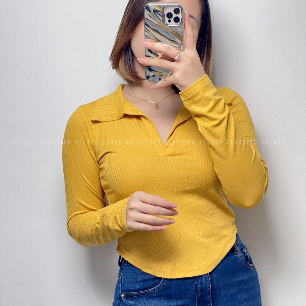 Jual Blouse Kerah Polos Longsleeve / Atasan Kerah Rajut lengan panjang wanita 4811 | Shopee ...