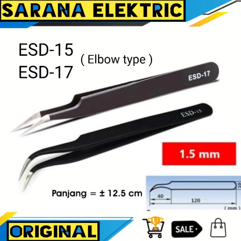 Jual PINSET TWEEZER LURUS ELBOW ESD-15 ESD-17 TWEEZERS MIRIP VETUS ESD ...