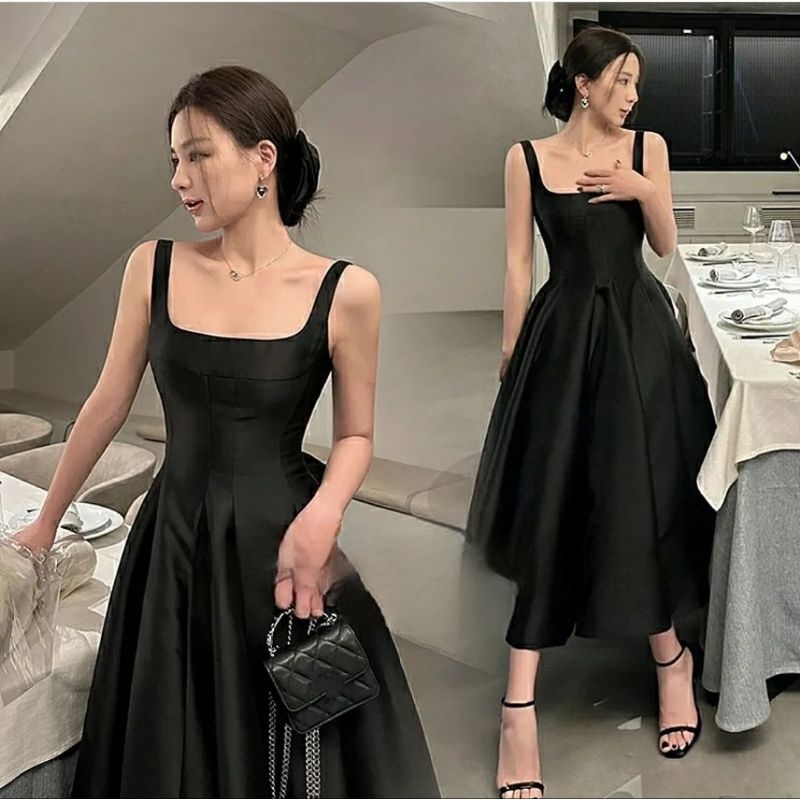 Jual dress tube square neck flare black midi white gown cl gaun party ...
